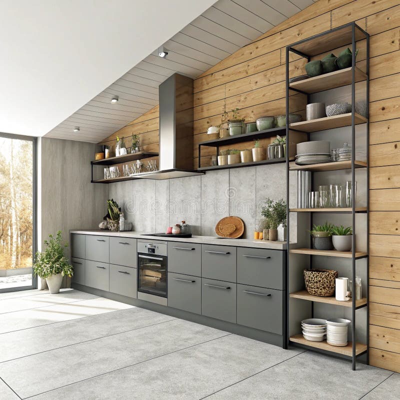 Stylish Home Kitchen with Cabinets and Shelves Stock Image - Image of ...