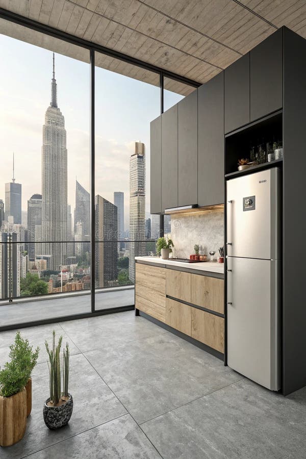 Stylish Home Kitchen Interior with Appliances and Panoramic Window 3D ...