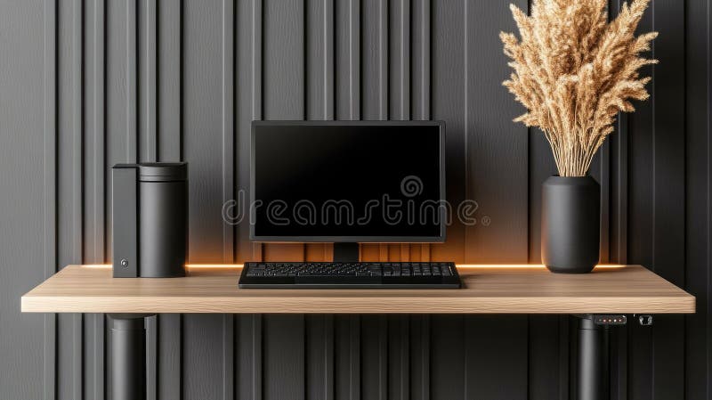 Stylish Home Office with a Black Wall and Desk, Modern Computer Setup ...