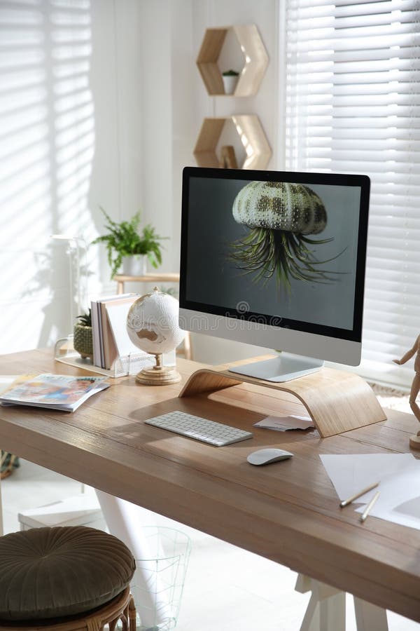 Stylish Home Office Interior with Workplace Stock Image - Image of ...