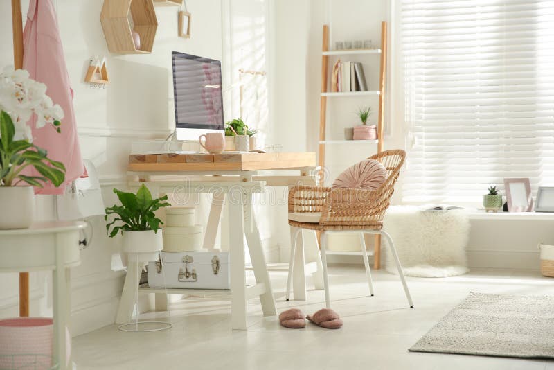 Stylish Home Office Interior with Workplace Stock Image - Image of home ...