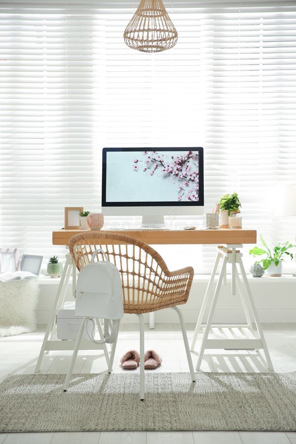 Stylish Home Office Interior with Workplace Stock Image - Image of ...