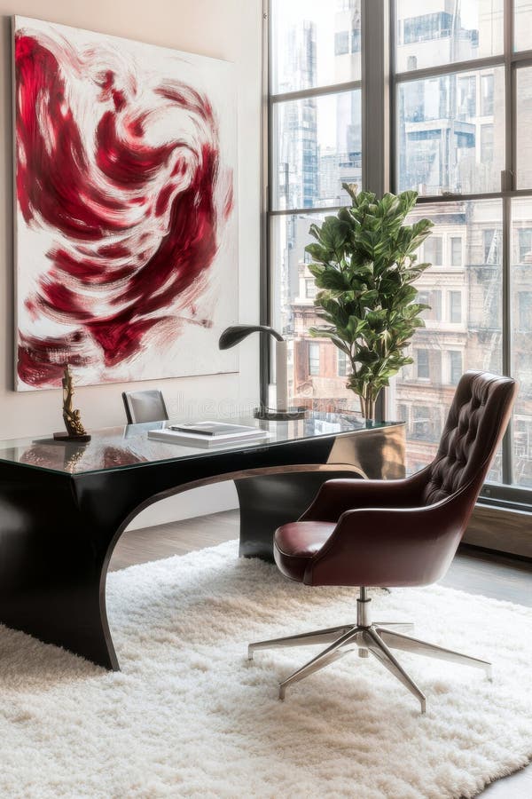 Stylish Home Office with a Leather Chair and Abstract Artwork. Stock ...