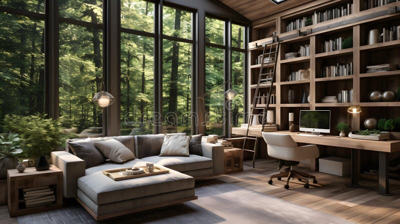 Stylish Home Office with Library Comfortable Seating, and Inspiring ...