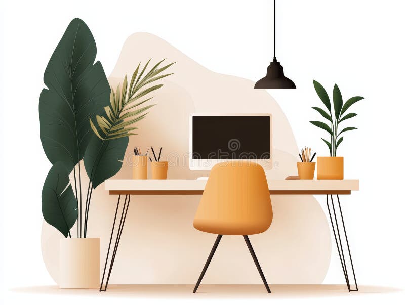 Stylish Home Office with Plants and Computer Stock Illustration ...
