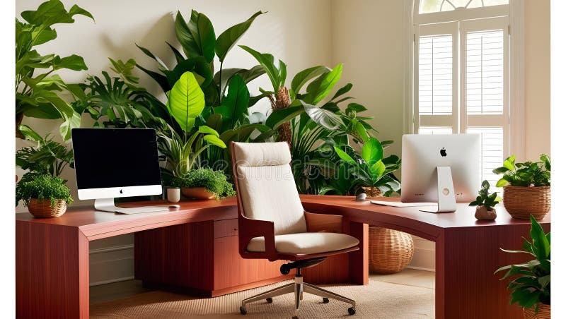 A Stylish Home Office Setup with a Large Wooden Desk Stock Illustration ...
