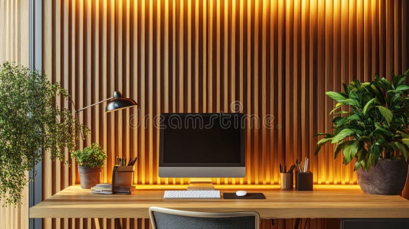 Stylish Home Office with Wooden Wall Design with Backlight, Desktop ...