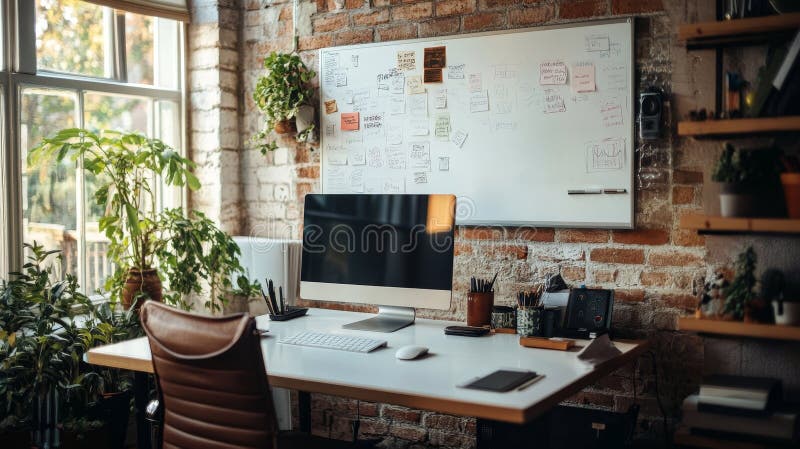 Stylish Home Office Workspace with Plants and Whiteboard Display Stock ...