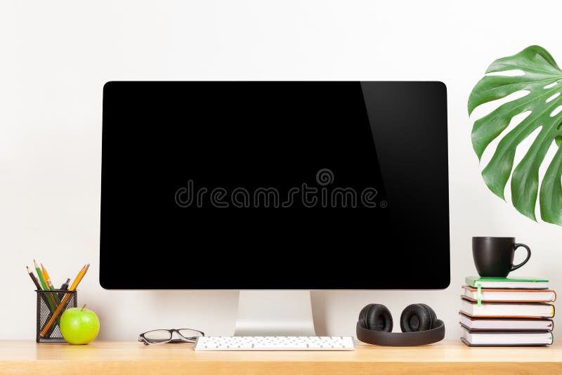 Stylish Home Studio Workspace with Computer, Supplies and Coffee Stock ...