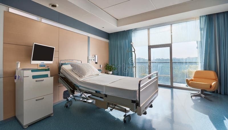 Stylish Hospital Room Interior with Bed, Tv and Panoramic Window Stock ...