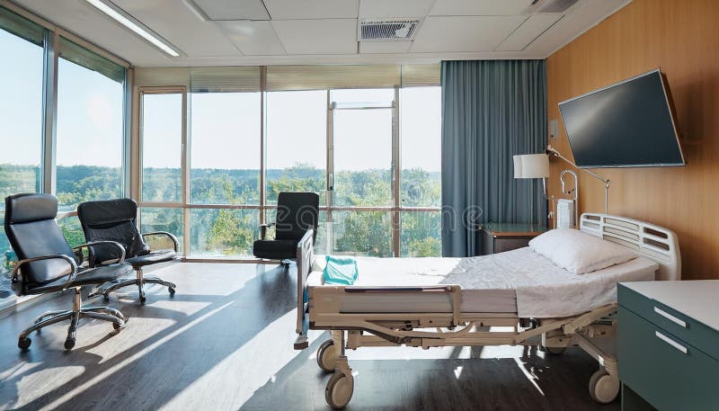 Stylish Hospital Room Interior with Bed, Tv and Panoramic Window Stock ...