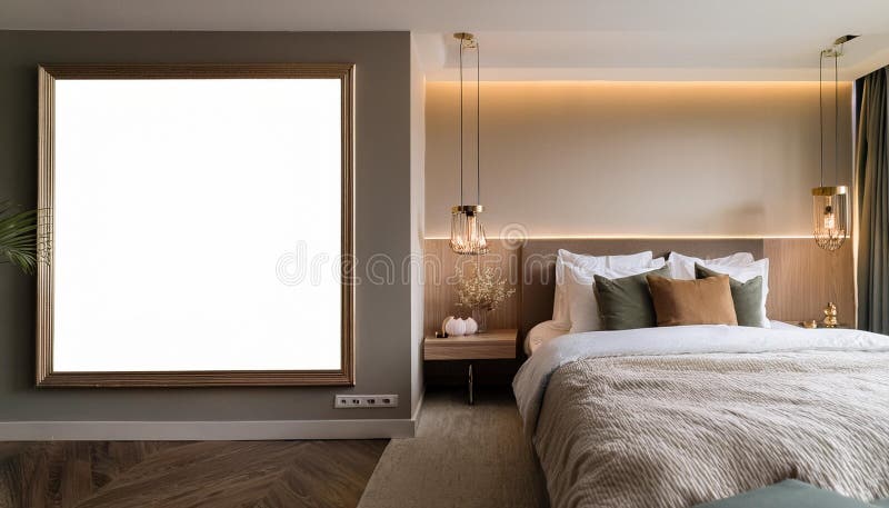 Stylish Hotel Bedroom Interior with Bed and Decoration. Mockup Frame ...