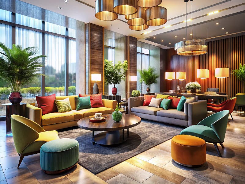 Stylish Hotel Lobby Lounge a 3D Render of a Modern Inviting Space ...