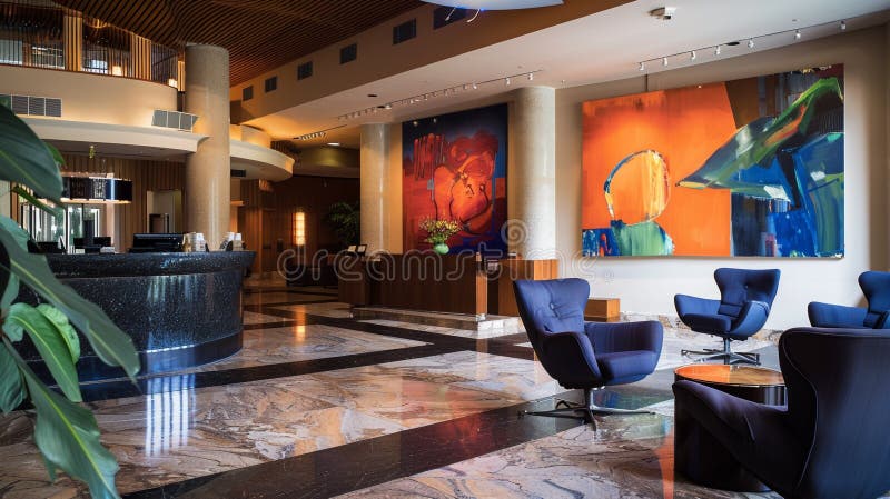 Stylish Hotel Reception Area Featuring Artwork and Comfortable Chairs ...