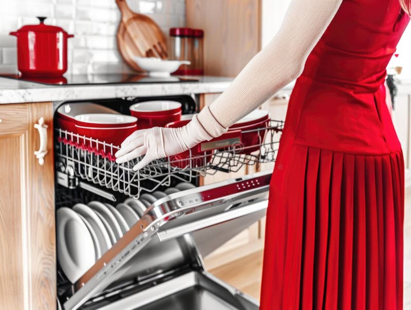 A Stylish Housewife in a Red Dress and Gloves Happily Holds a Standard ... A Stylish Housewife in a Red Dress and Gloves Happily Holds a Standard ...