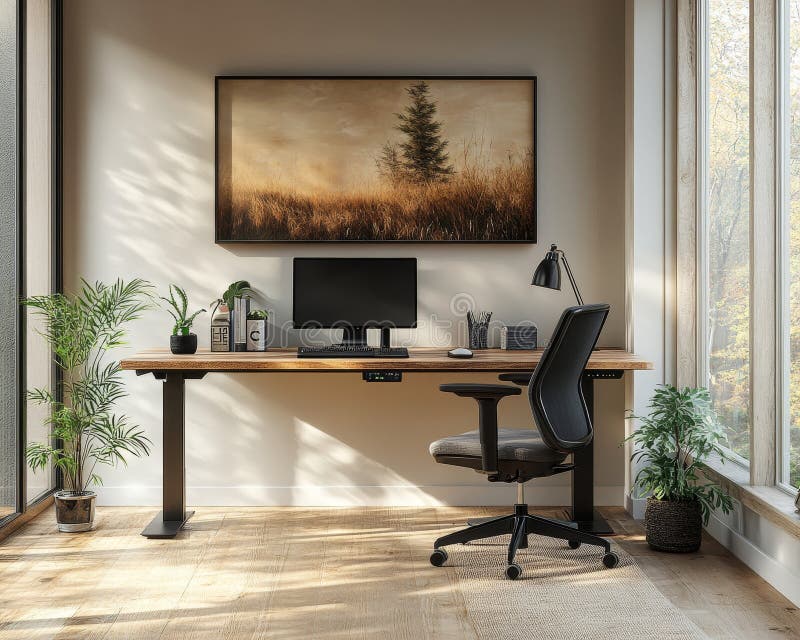 Stylish Hybrid Workspace Featuring Desk, Ergonomic Chair, and Plants ...
