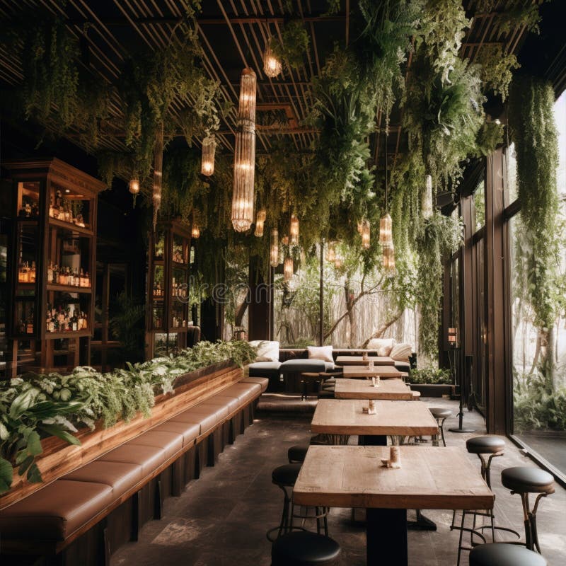 A Stylish Indoor Restaurant Featuring Lush Greenery and Beautifully ...