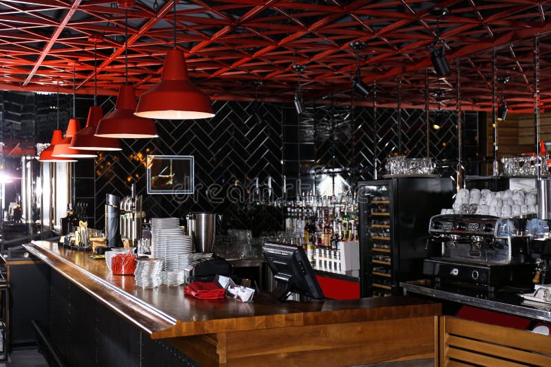 Stylish Interior of Cafe with Counter Stock Photo - Image of countertop ...