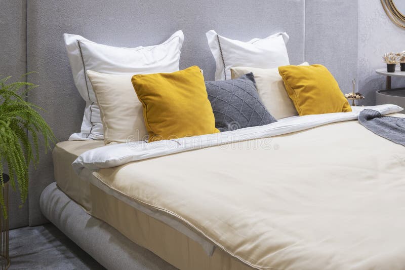 Stylish Interior of Contemporary Room with Comfortable Bed Stock Photo - Image of furniture ...