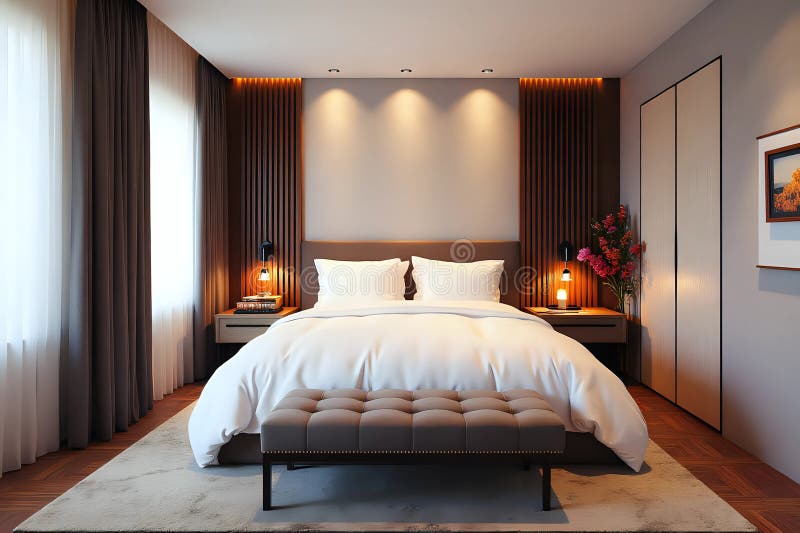 Stylish Interior of Contemporary Room with Comfortable Bed. Bedroom ...