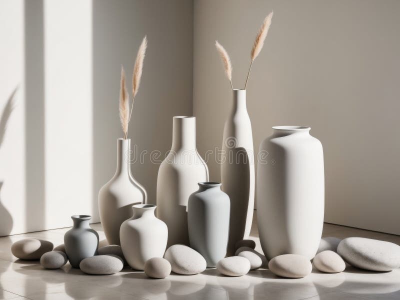 Stylish Interior Design with Vases and Stones. Stock Photo - Image of ...