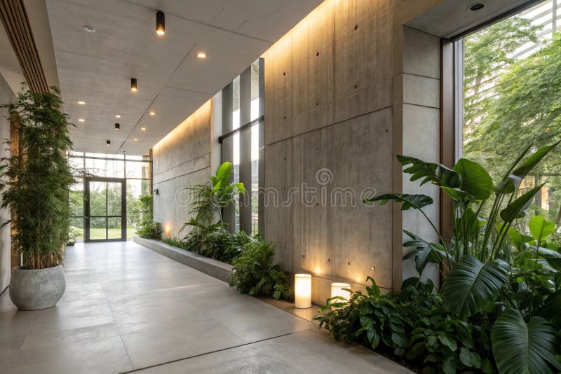 Modern Minimalist Interior with Concrete Walls and Greenery Stock ...