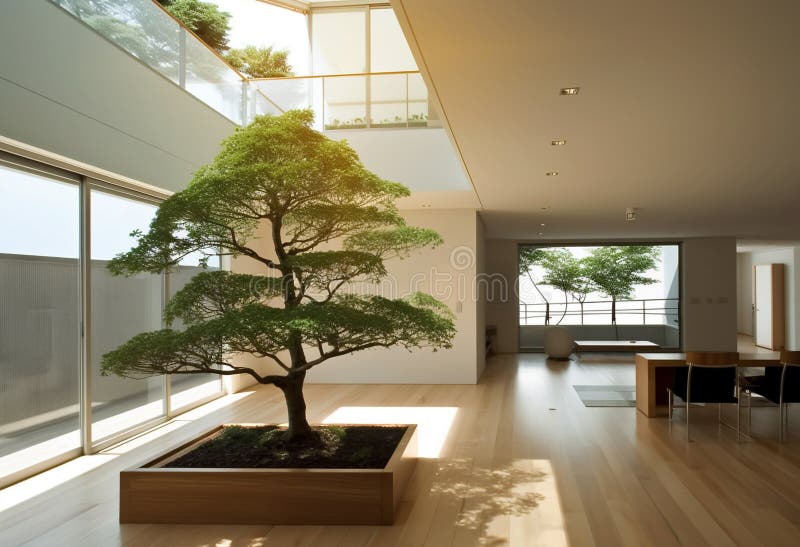 Stylish Interior with Green Tree Inside. Generative AI Stock ...