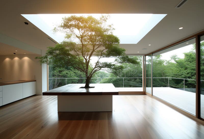 Stylish Interior with Green Tree Inside. Generative AI Stock ...
