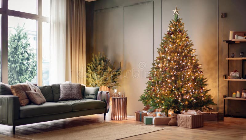 Stylish Interior of Living Room with Decorated Christmas Tree Stock ...