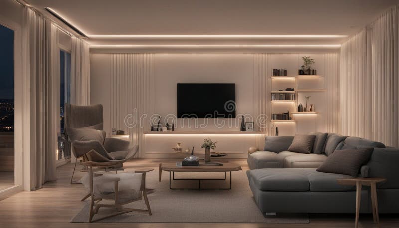 Stylish Interior of Living Room at Night Stock Illustration ...
