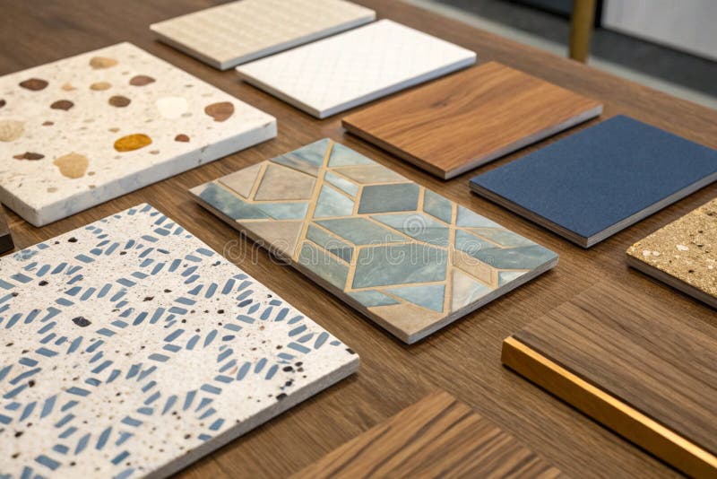 Stylish Interior Material Samples Including Terrazzo and Quartz Tiles ...