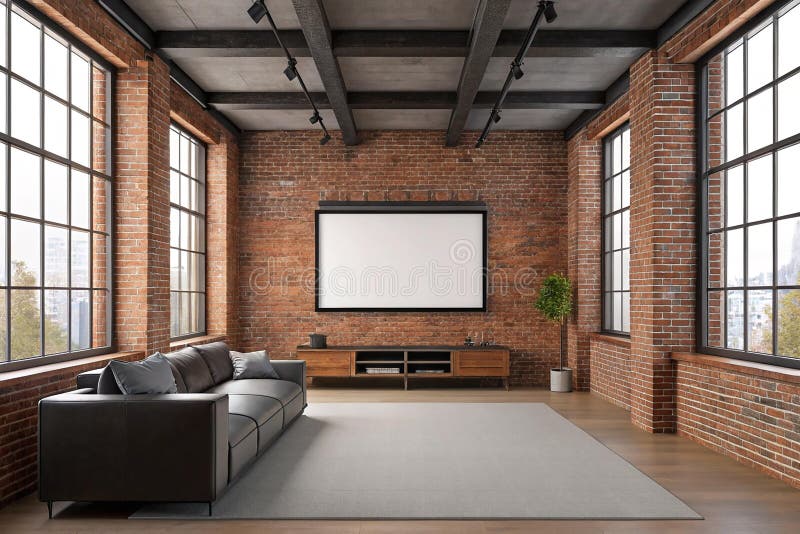 Stylish Interior of a Modern Living Room with Exposed Brick and Large ...