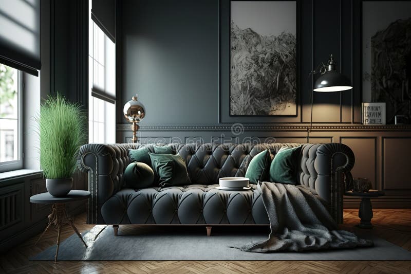 Stylish Interior of Room with Comfortable Big Sofa Stock Illustration ...