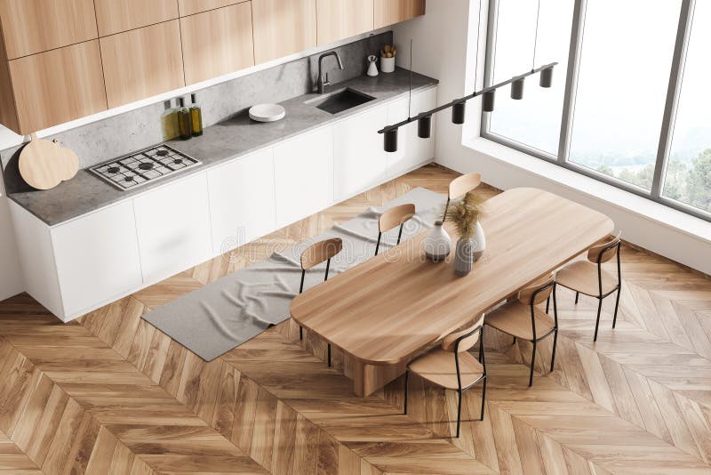 Stylish Interior of White and Bright Modern Kitchen Room with Dining ...