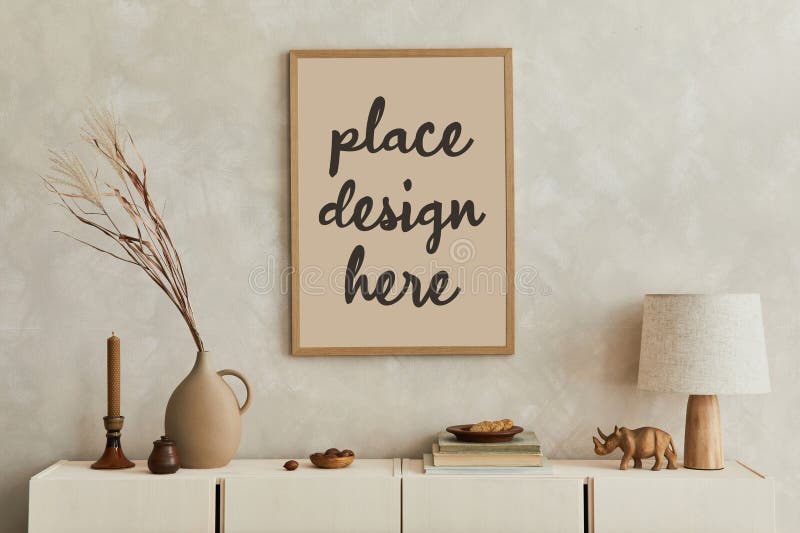 Stylish Iving Room Interior Design Composition with Mock Up Poster ...