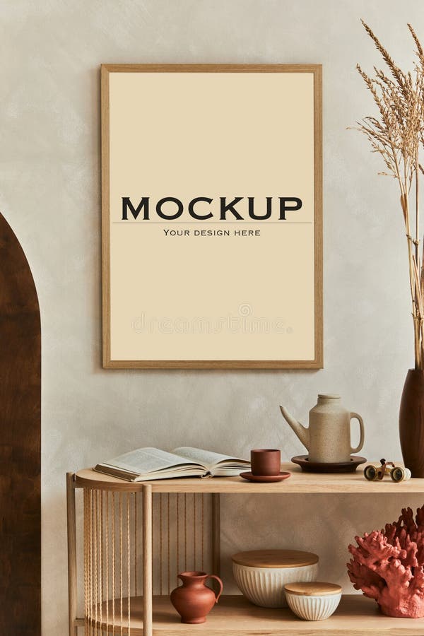 Stylish Iving Room Interior Design Composition with Mock Up Poster ...