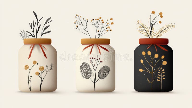 Stylish Jars with Floral Designs White Background Stock Illustration ...