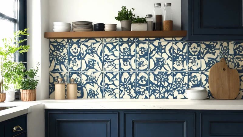 Stylish Kitchen with Blue Patterned Tile Backsplash and Organized Wooden Shelves in a Modern ...