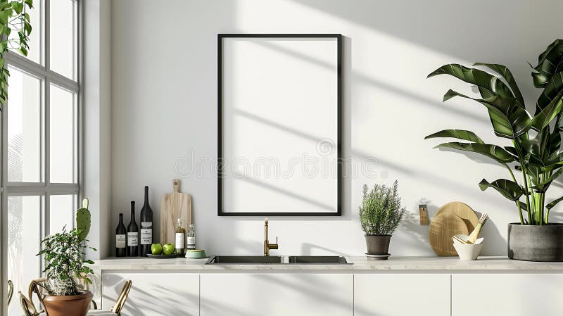 A Modern Kitchen with a Blank Frame, Plants, and Natural Light during ...