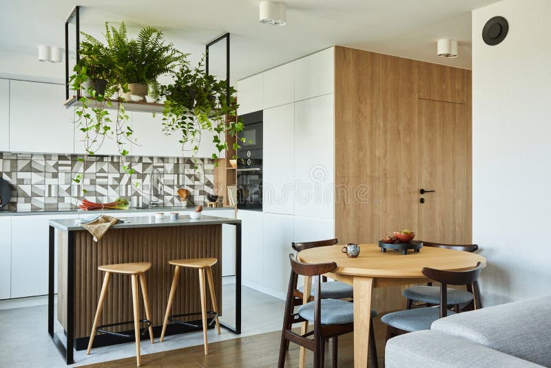 Stylish Kitchen Interior Design with Dining Space. Workspace with ...