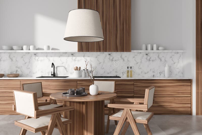 Stylish Kitchen Interior with Eating Table and Kitchenware in Cooking ...