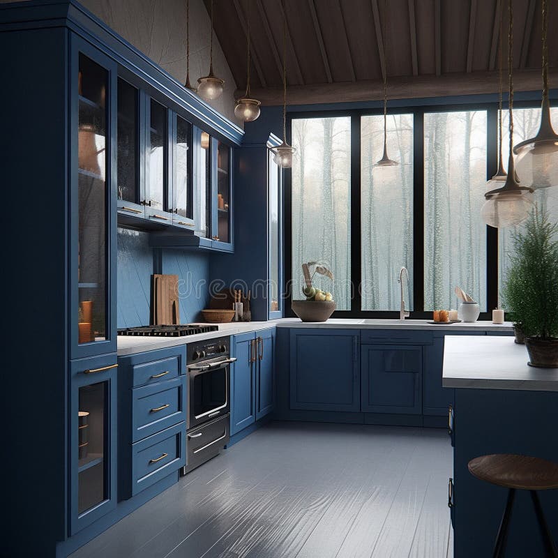 Stylish Kitchen Interior with a Large Window and Blue Facades Stock ...