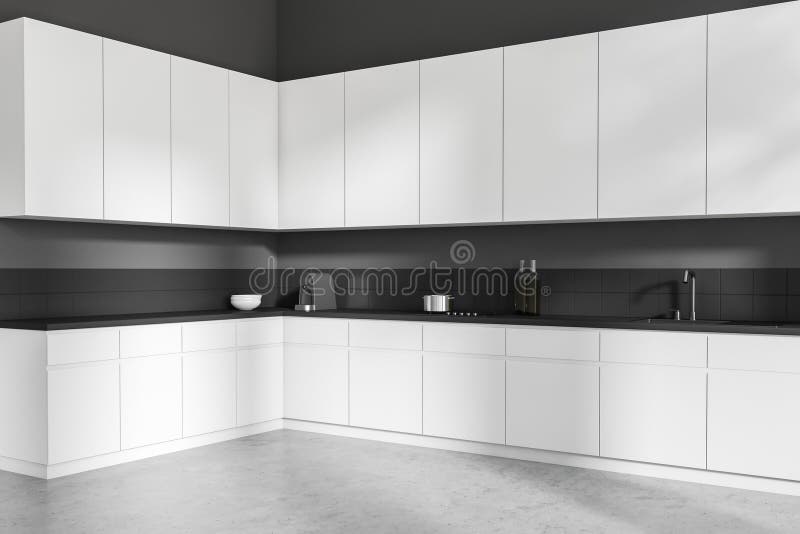 Stylish Kitchen Interior with Sink, Stove and Kitchenware on Deck Stock ...