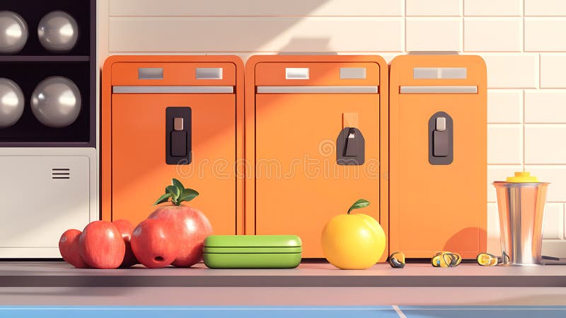 Stylish Kitchen Scene Featuring Minimalist Orange Lockers, Fresh Fruit ...