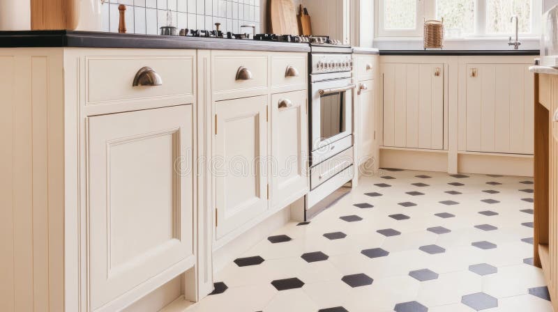 Stylish Kitchen with Striking Patterned Tile Flooring and Natural Light ...