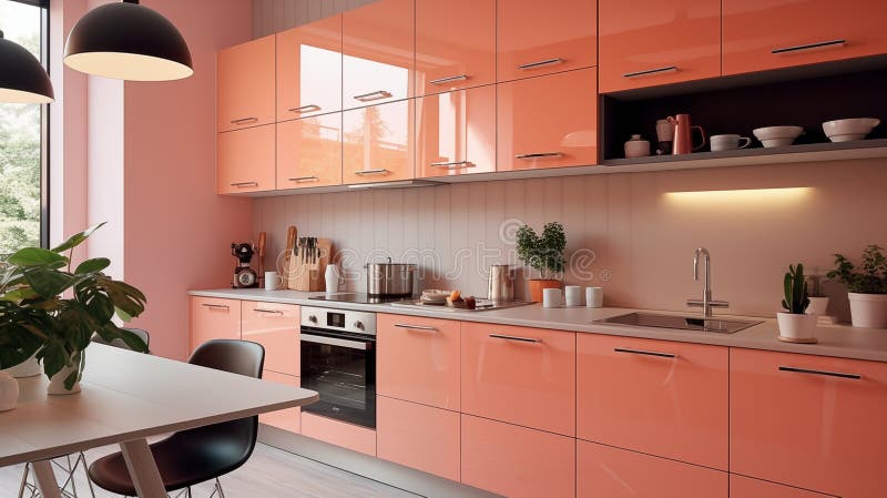 Stylish Kitchen in Trend Color Peach Fuzz 2024 Stock Photo - Image of ...