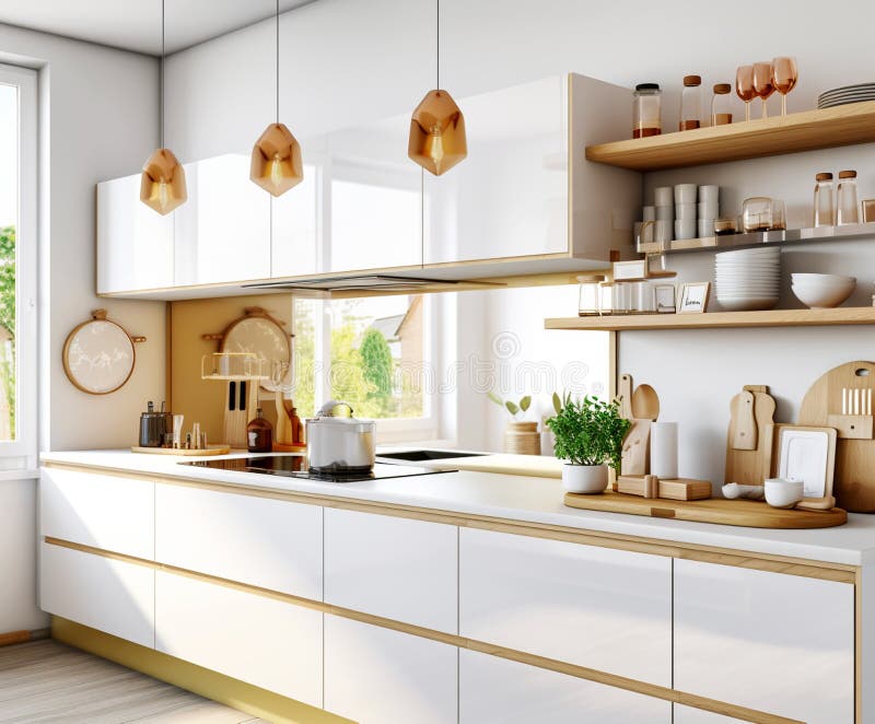 Stylish Kitchen in White and Brown Wood. Style Minimalism Stock Image ...