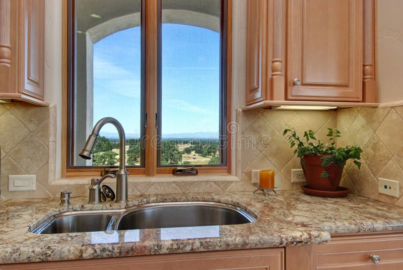 Stylish Kitchen Window View Stock Photo - Image of county, wood: 18530762