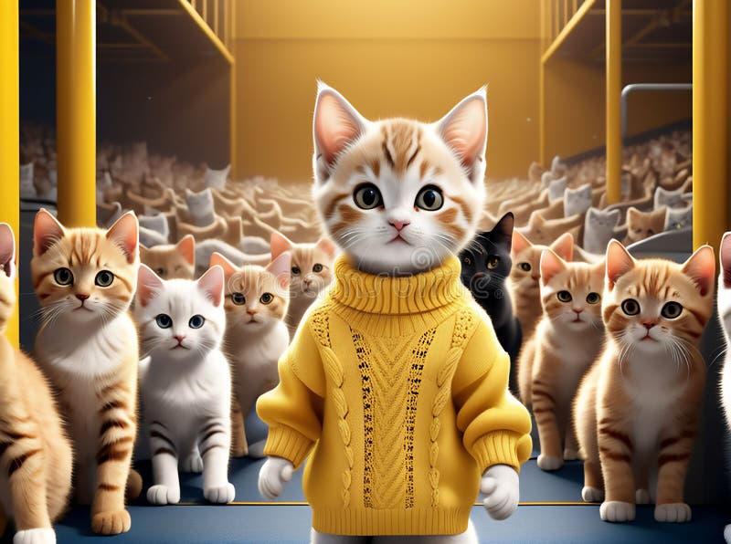 A Stylish Kitten in a Mustard Sweater Sits among a Crowd of Cats. AI ...