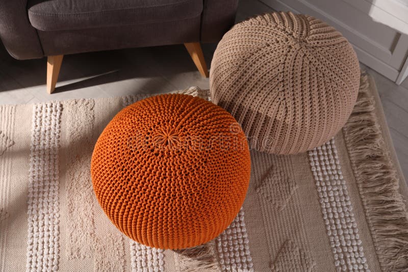 Stylish Knitted Poufs in Room. Home Design Stock Image - Image of ...